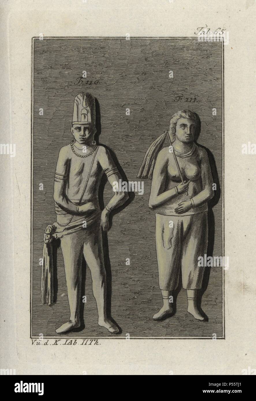 Indian man and woman from a monument. Handcolored copperplate engraving ...
