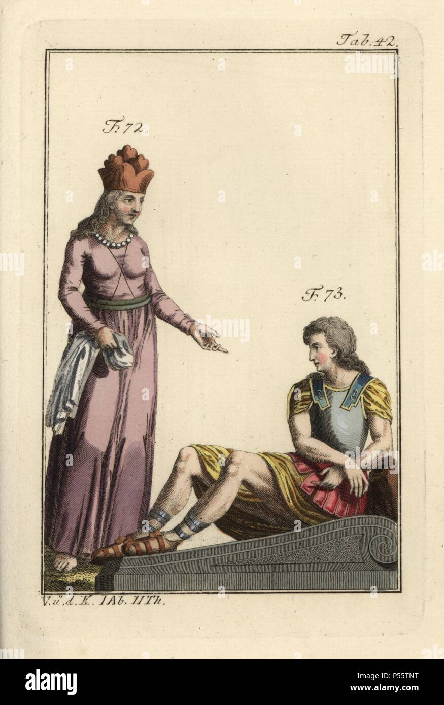 Persian woman and captive Gaul king. Handcolored copperplate engraving ...