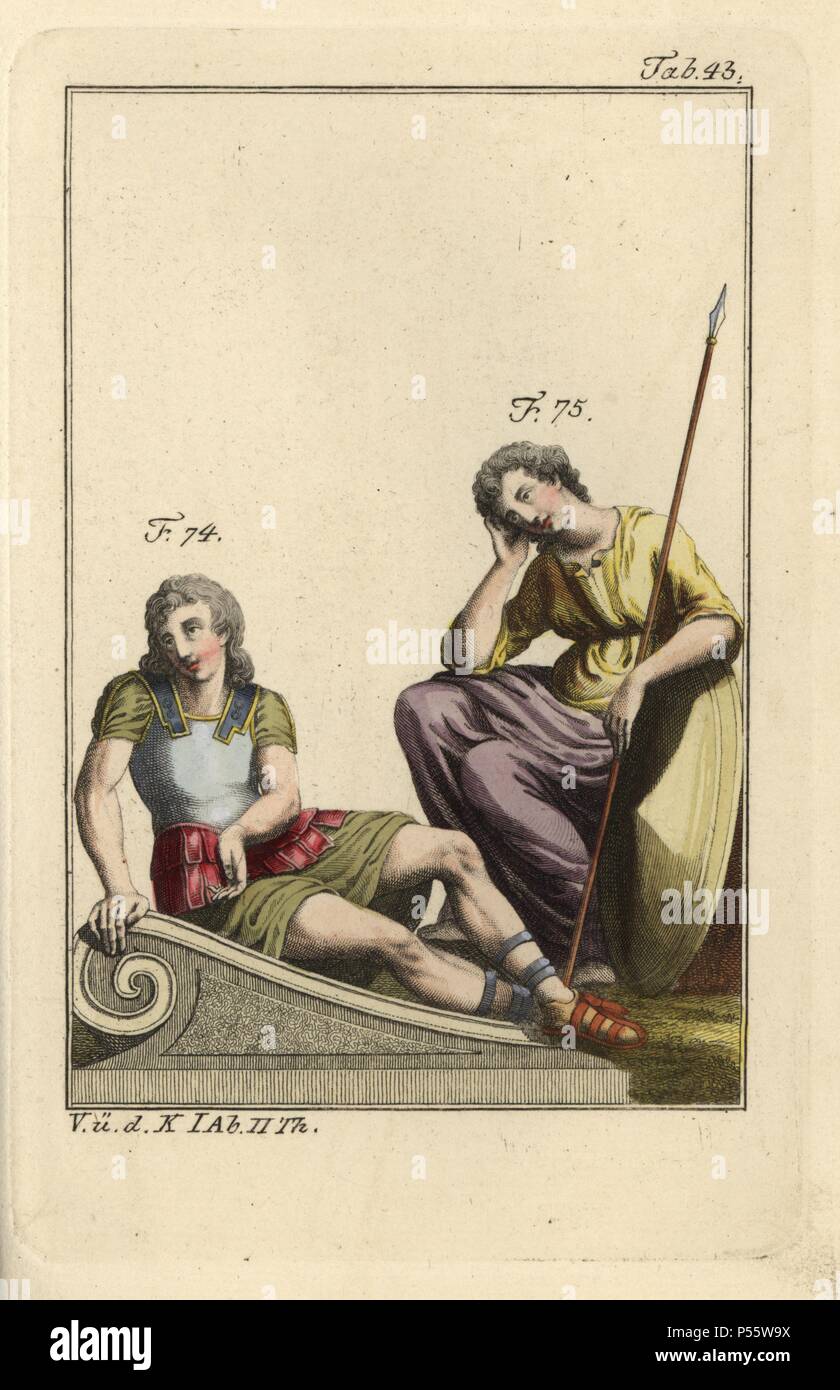 Captive Gaul king and a pensive British woman. Handcolored copperplate ...