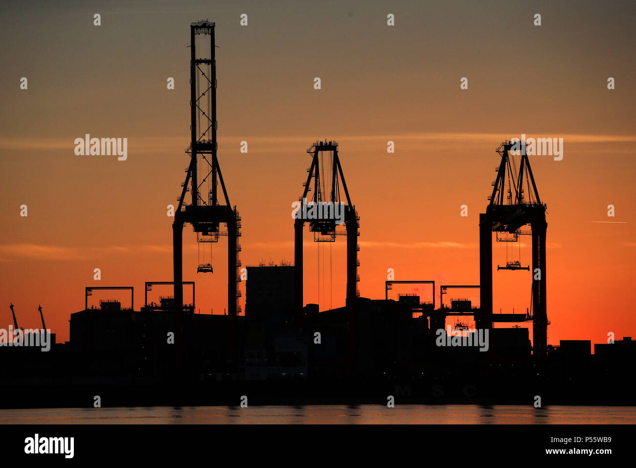 The early morning sunlight catches the huge cranes at the Port of ...
