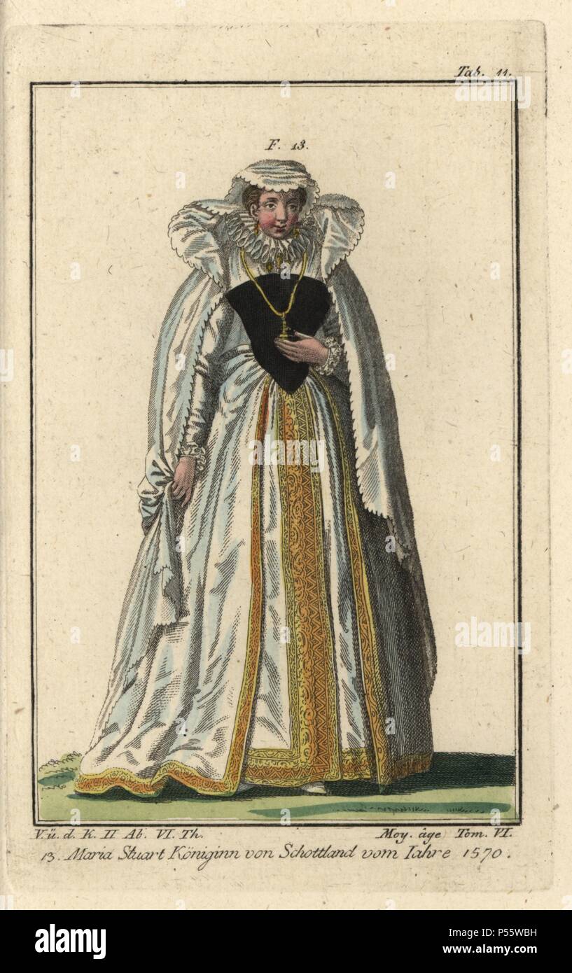 Mary Stuart, Queen of Scotland, 1570. Handcolored copperplate engraving ...