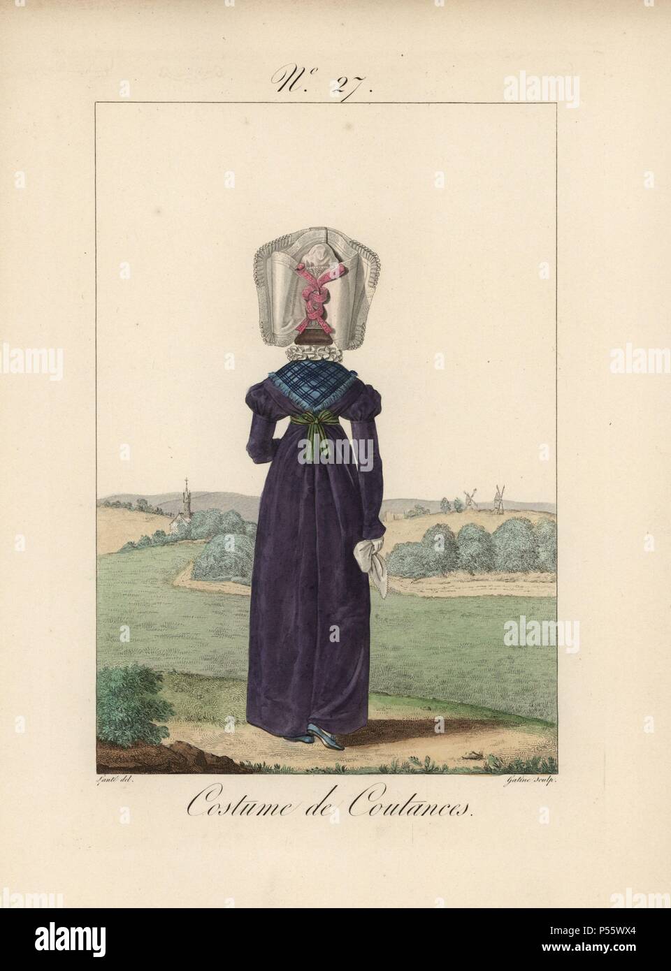 Woman in costume of Coutances. Rear view of a very tall bavolet bonnet ...