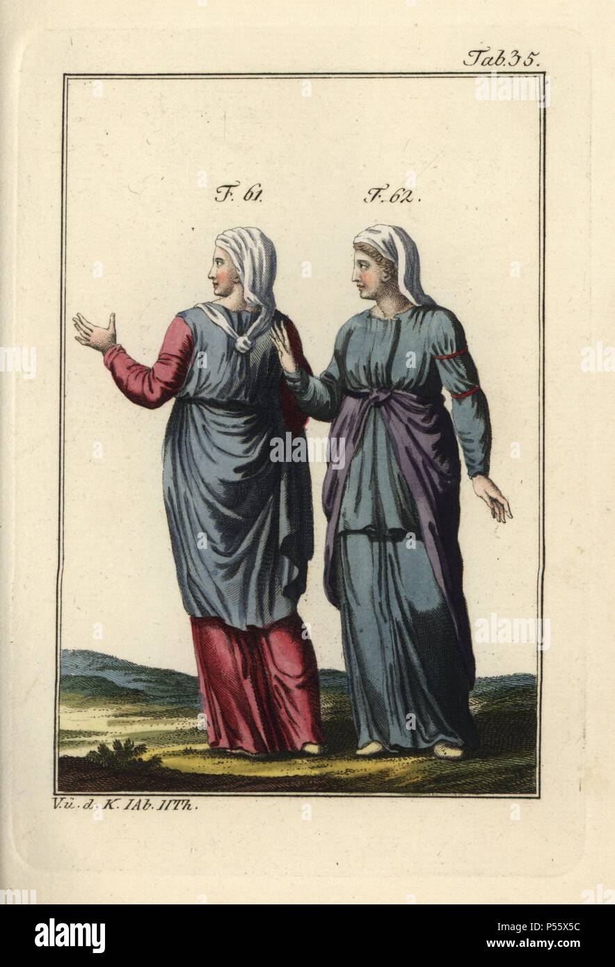 Dacian women. Handcolored copperplate engraving from Robert von Spalart ...