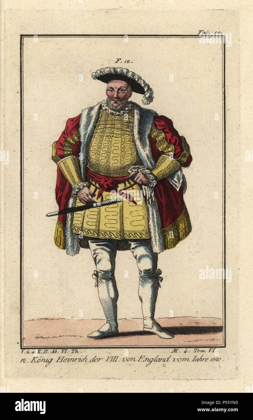 King Henry VIII of England, 1520. Handcolored copperplate engraving ...
