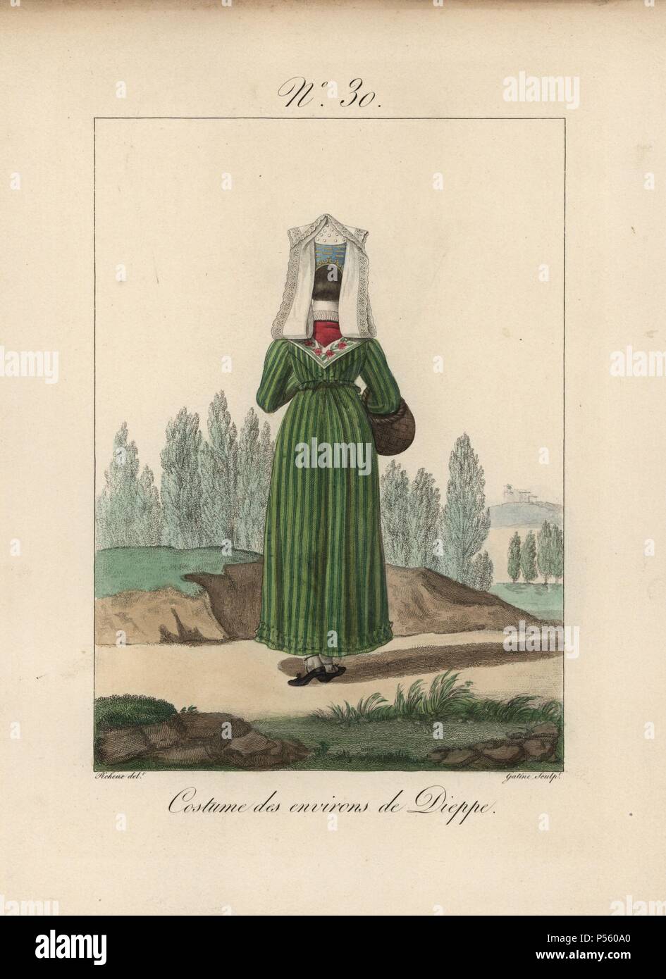 Woman in costume of the Dieppe area. Rear view of the tall bavolet ...