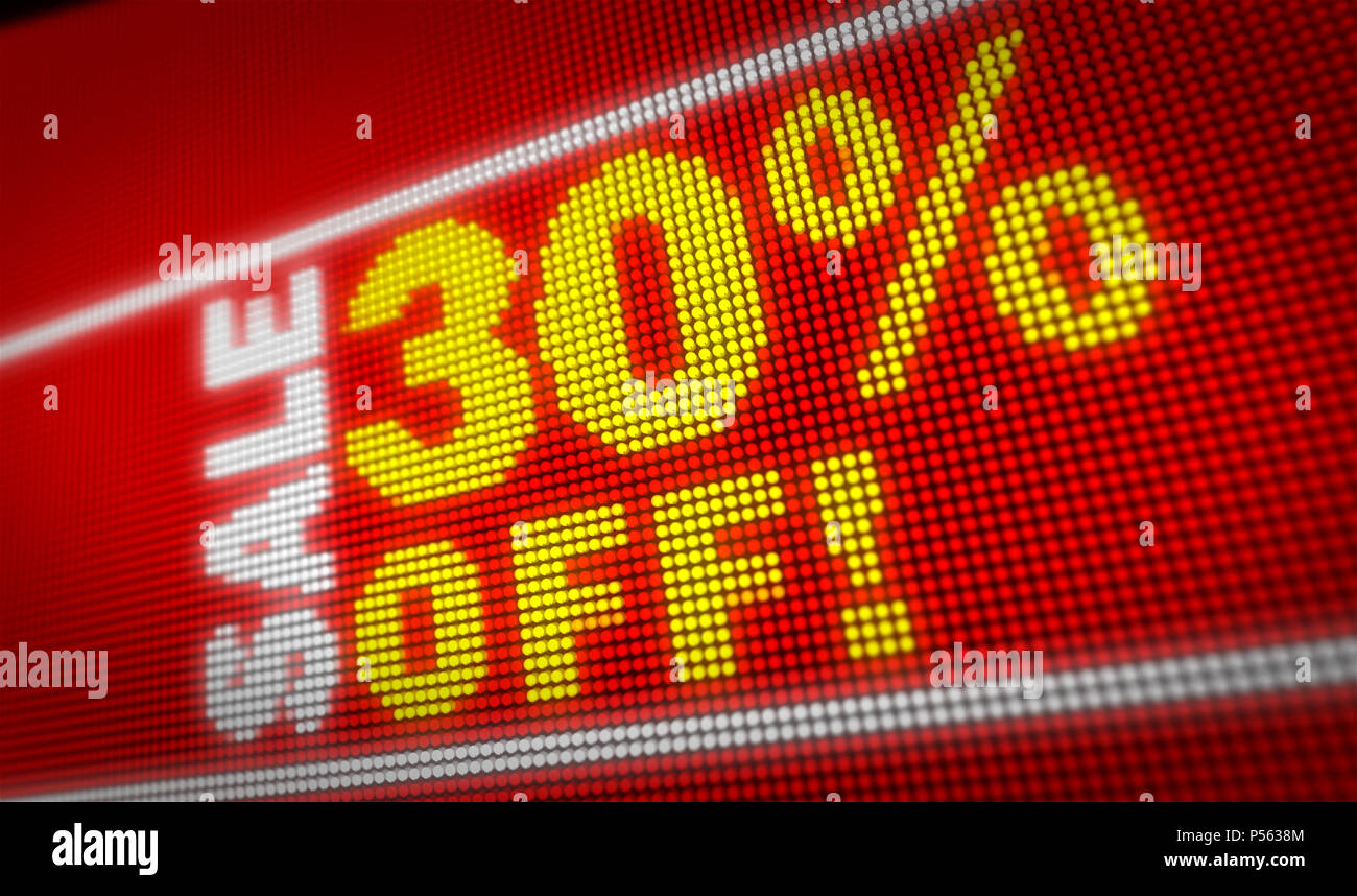Sale 30% off title on big LED display. Promotional message 3d ...
