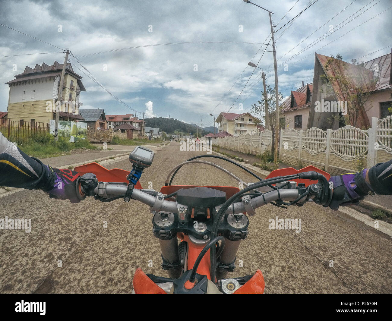 Bike speed journey in the mountains with the dirt bike Enduro in Caucasus Georgia Stock Photo ...
