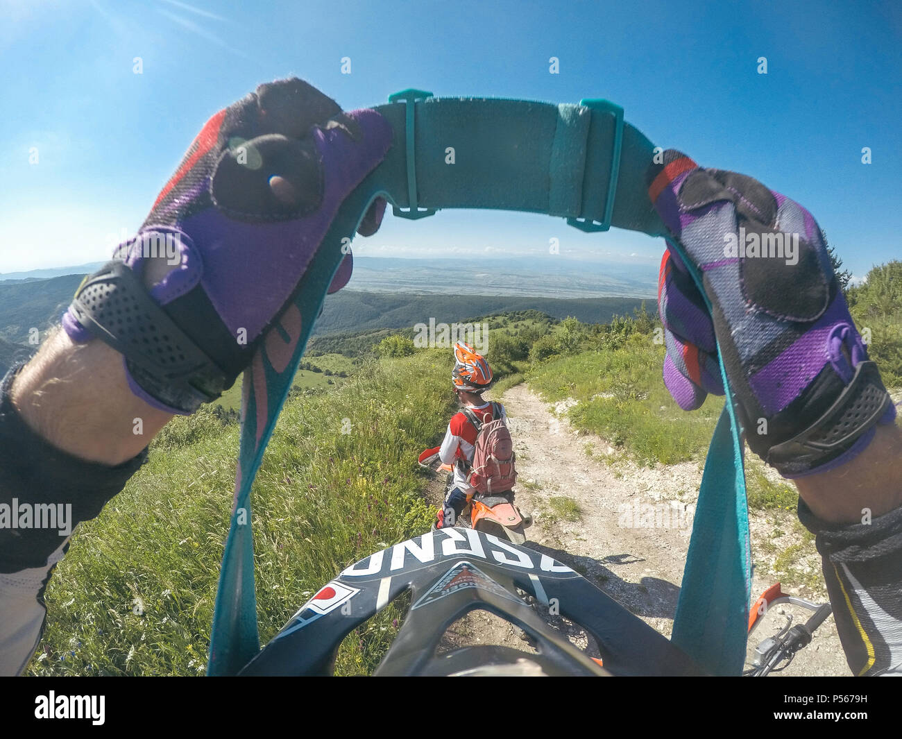 Bike speed journey in the mountains with the dirt bike Enduro in Caucasus Georgia Stock Photo ...
