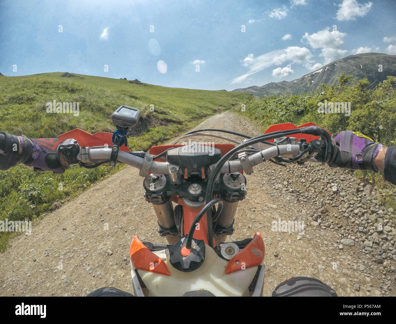 Bike speed journey in the mountains with the dirt bike Enduro in Caucasus Georgia Stock Photo ...