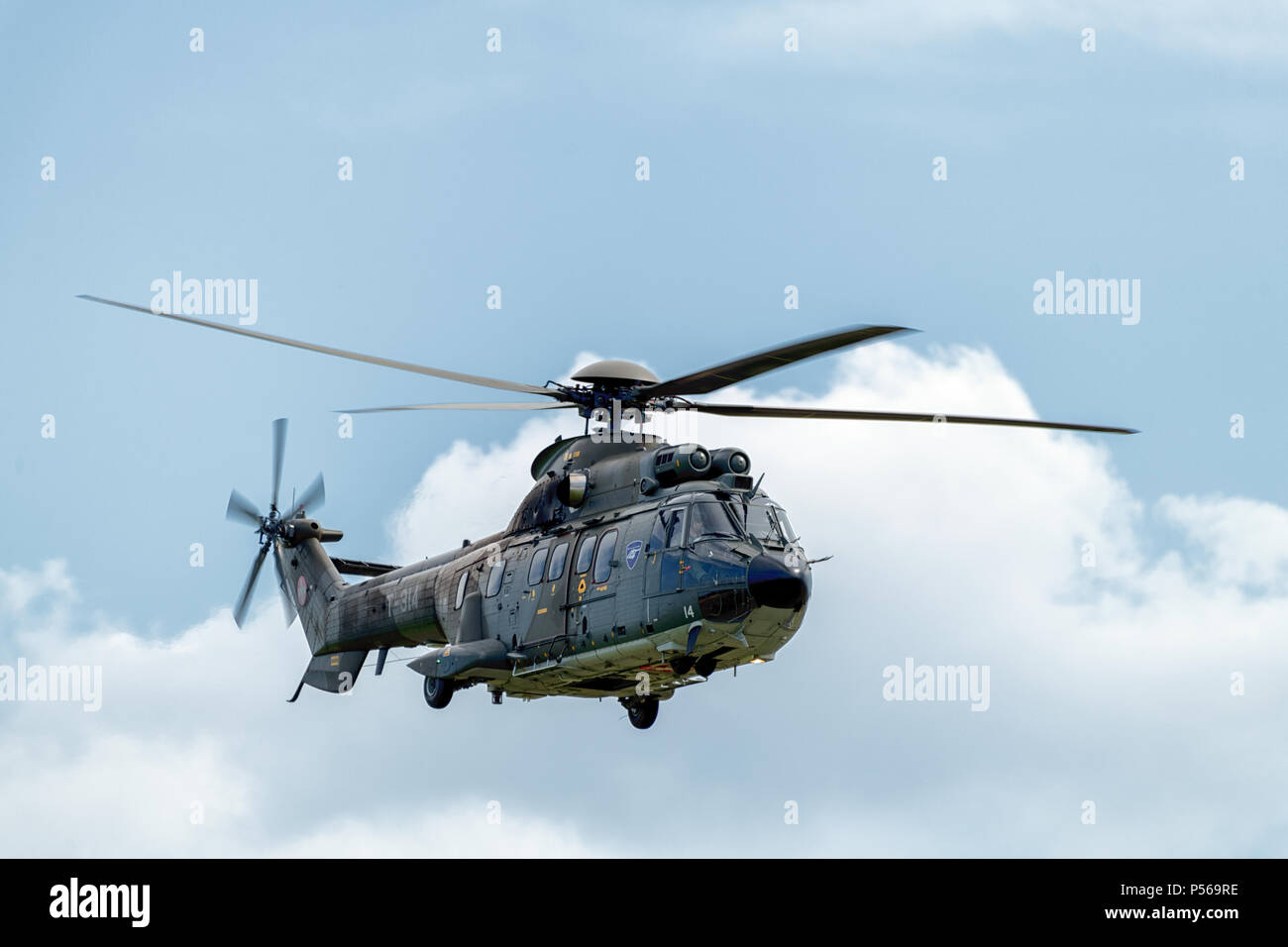 Aerospatiale Eurocopter AS 332 Super Puma helicopter of the Swiss Air Force during aerobatic ...