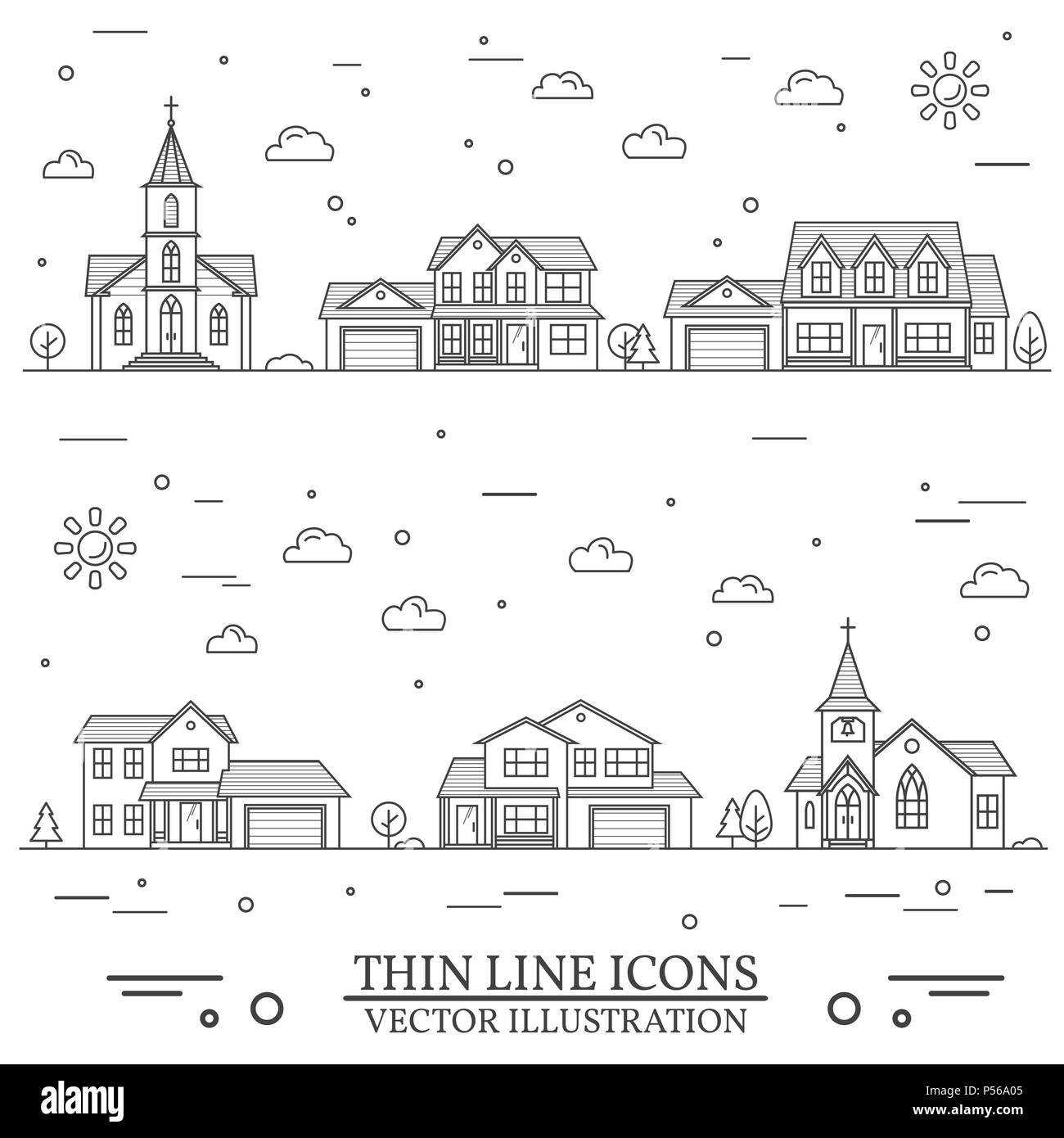 Neighborhood with homes and churches illustrated on white. Vector thin ...
