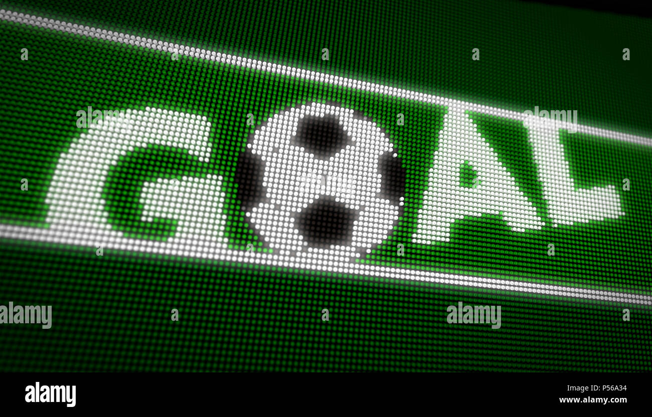 Goal title on big green LED display. Shining message GOAL and ball icon ...