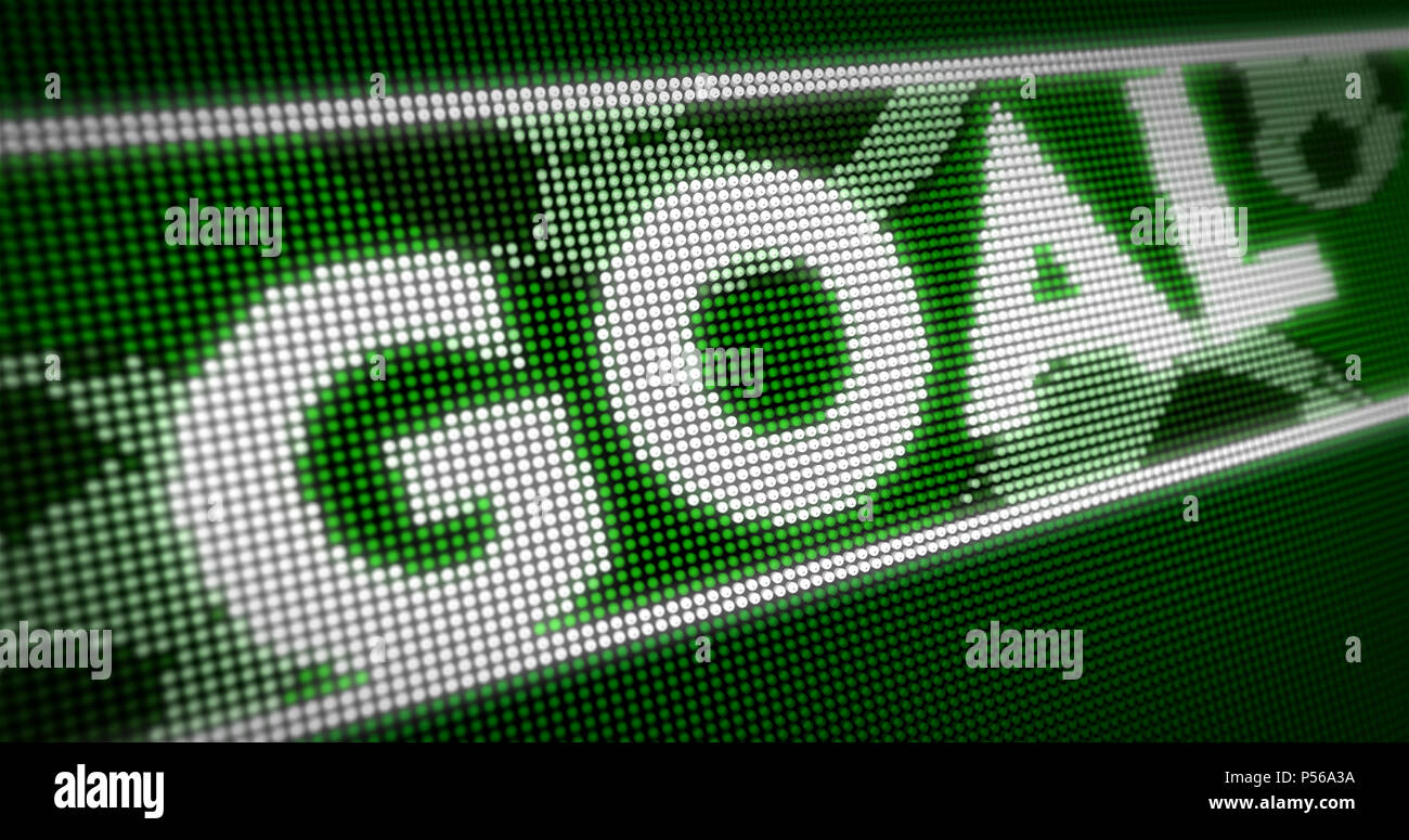 Goal title on big green LED display. Shining message GOAL and ball icon ...