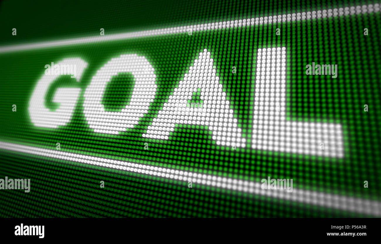 Goal title on big green LED display. Shining message GOAL on big screen ...