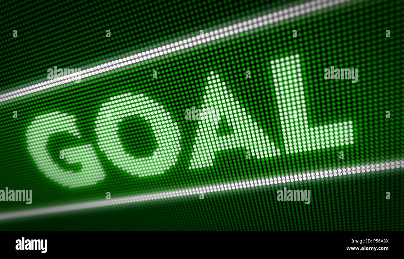 Goal title on big green LED display. Shining message GOAL on big screen ...