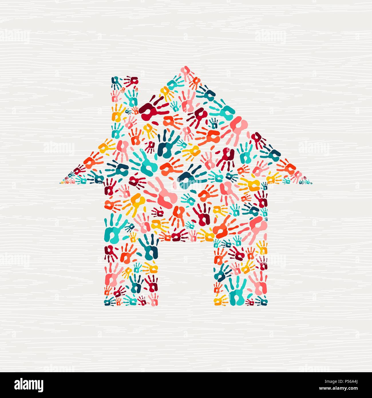 Human hand print house shape concept. Colorful paint handprint ...