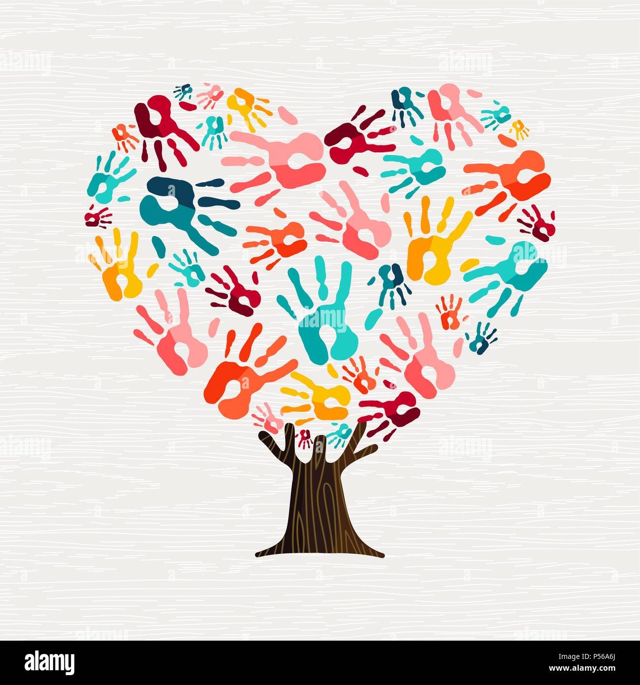 Tree made of colorful human hands in heart shape. Community help ...