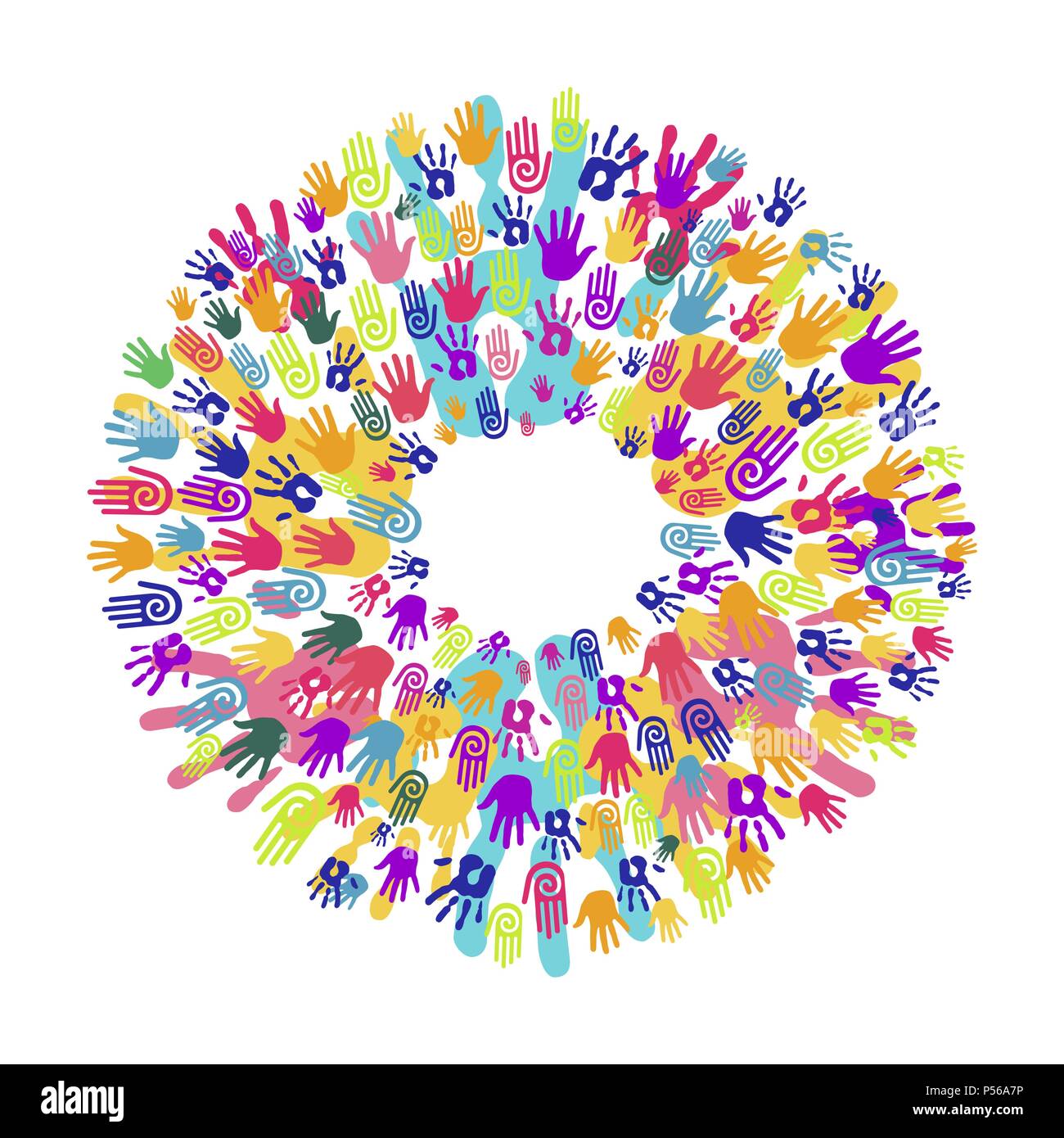 Colorful human hand print mandala. Community team concept illustration ...