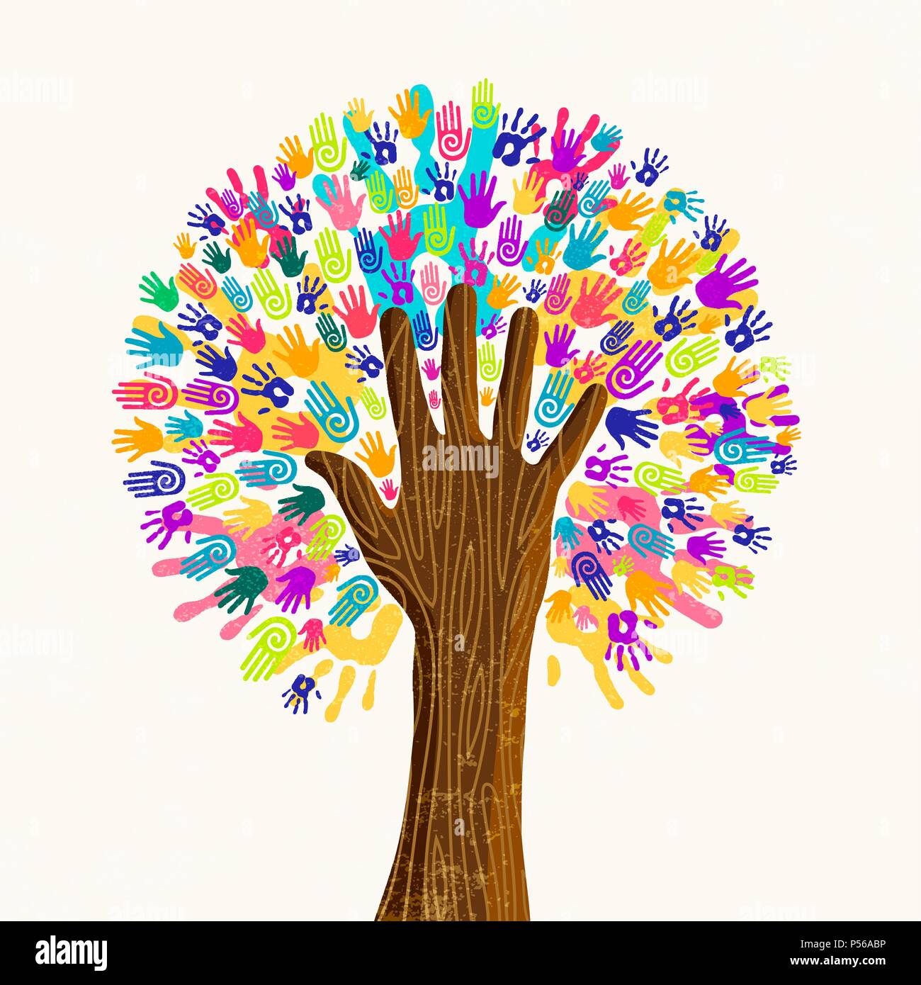 Tree with colorful human hands together. Community team concept ...