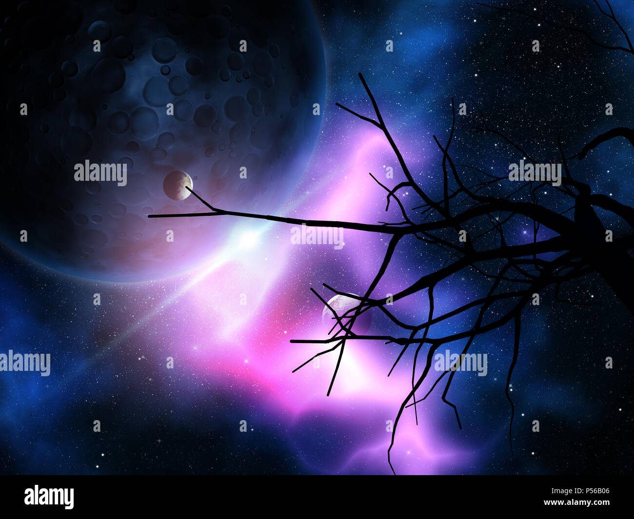 3D render of a gnarly tree against night sky with planets Stock Photo ...