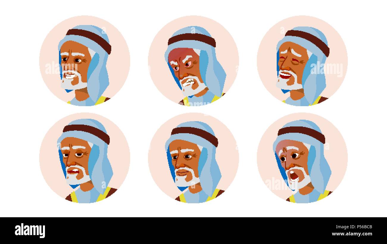 Old Arab Avatar Icon Man Vector. Traditional Clothes. Facial Emotions ...