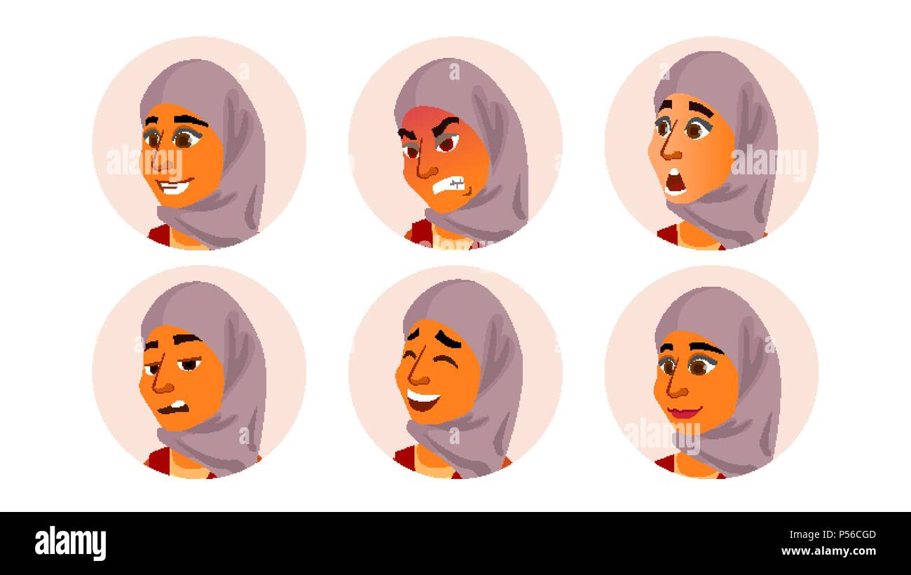 Arab Avatar Woman Vector. Facial Emotions. Traditional Clothes.Islamic ...