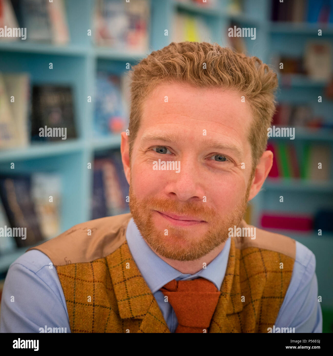 Zeb Soanes, BBC TV presenter and children's author, appearing at the 2018 Hay Festival of ...