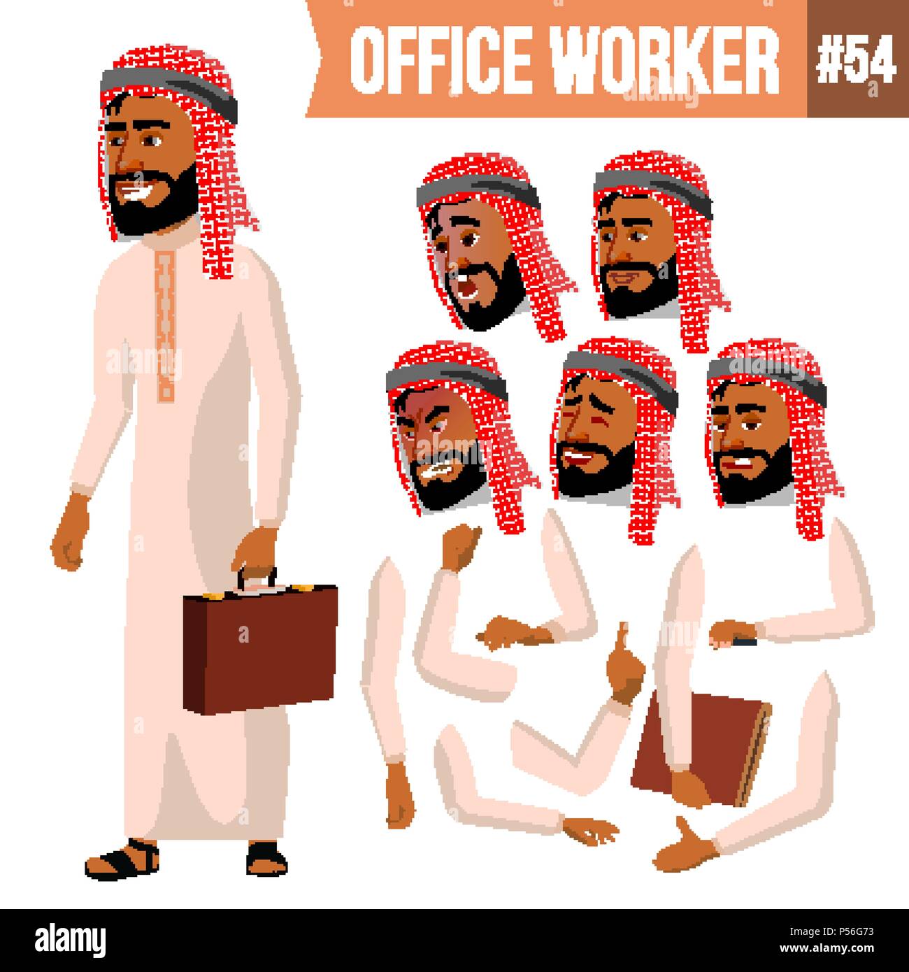 Arab Office Worker Vector. Saudi, Emirates, Qatar, Uae. Face Emotions ...