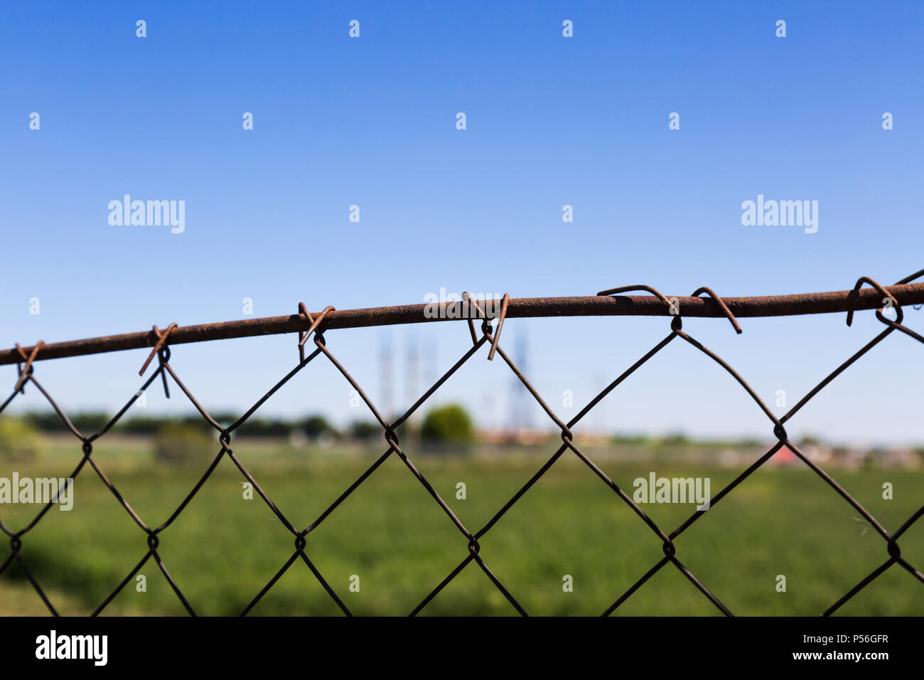 Old rusty wire mesh fence against the blurred background of a green ...