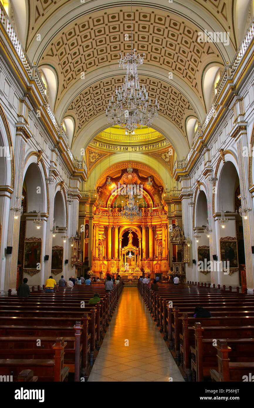 Interior of Saint Peter Church in Lima, Peru. This church is part of ...