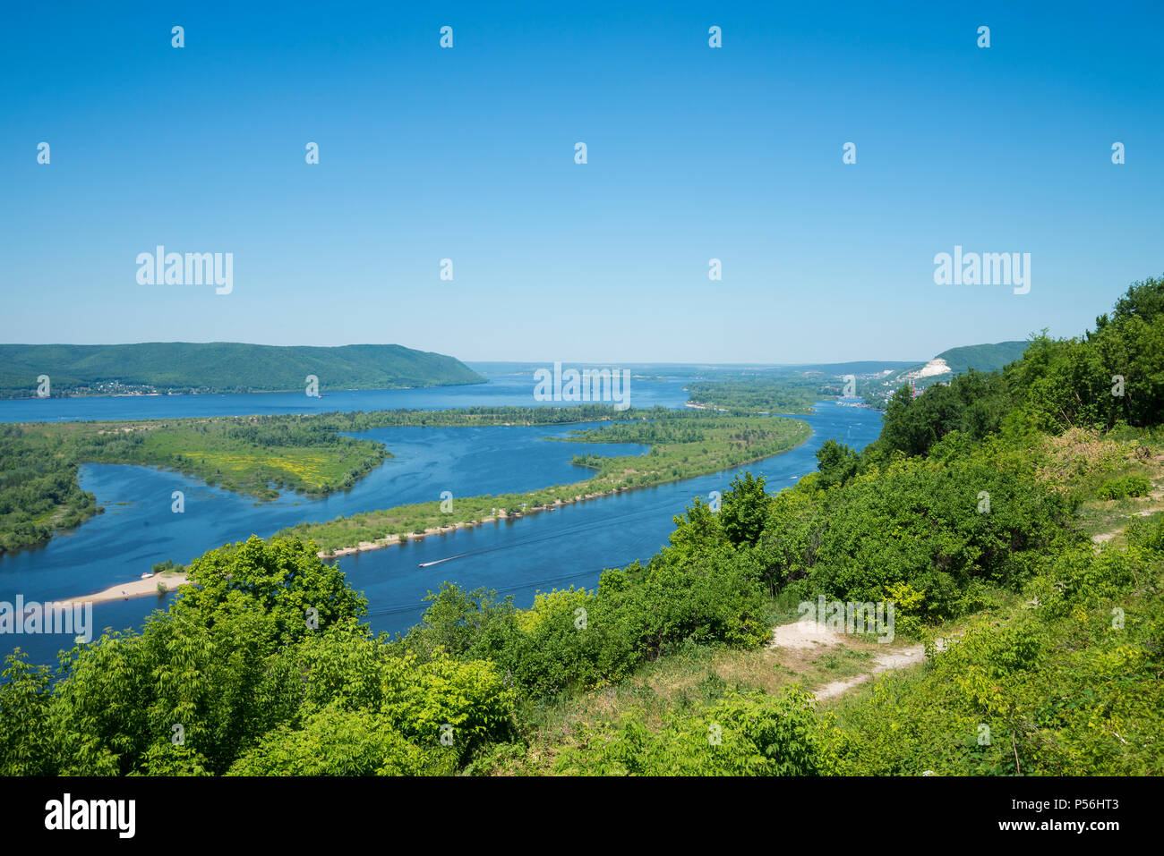 Panoramic view of the river Volga from a helicopter platform the city ...