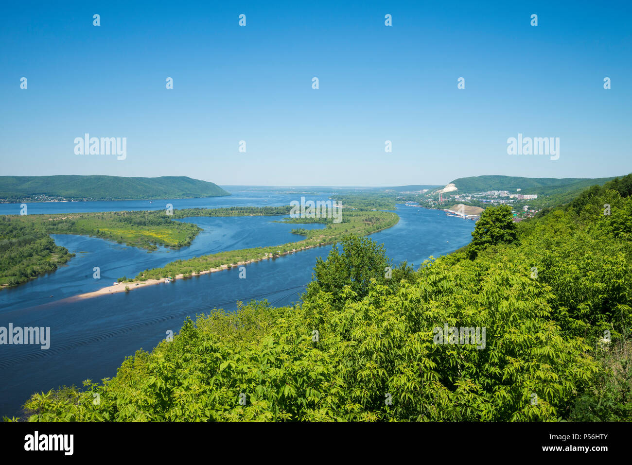 Panoramic view of the river Volga from a helicopter platform the city ...