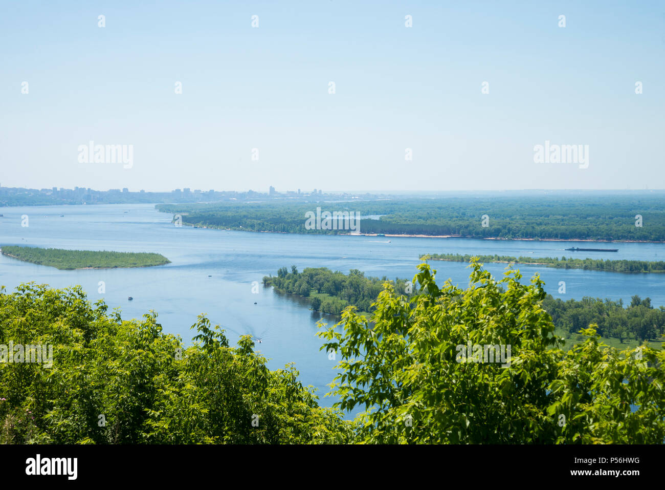 Panoramic view of the river Volga from a helicopter platform the city ...