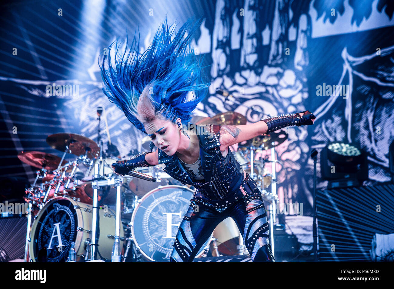 Denmark, Copenhagen - June 21, 2018. The Swedish melodic death metal band Arch Enemy performs a ...