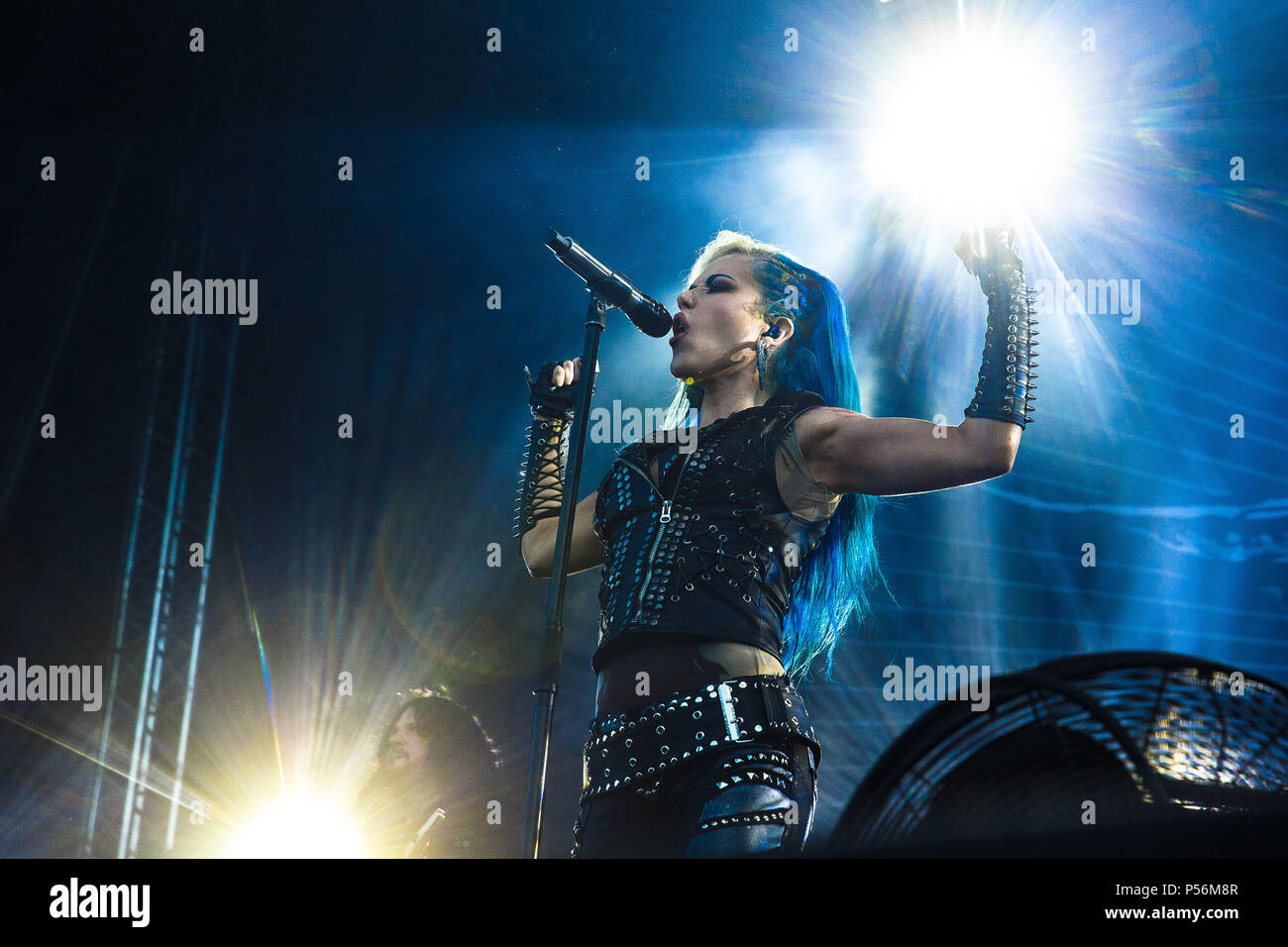 Denmark, Copenhagen - June 21, 2018. The Swedish melodic death metal band Arch Enemy performs a ...