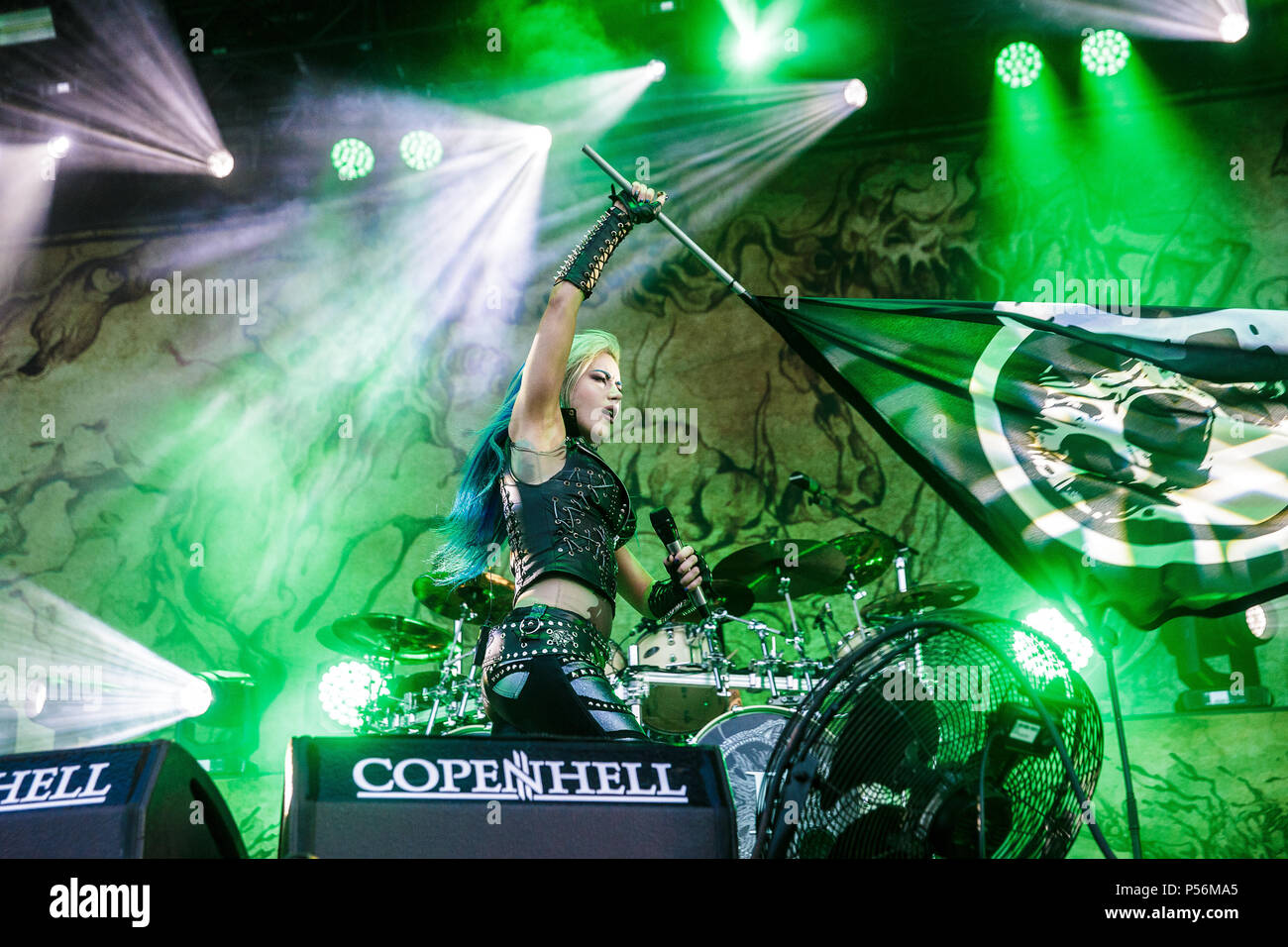 Denmark, Copenhagen - June 21, 2018. The Swedish melodic death metal band Arch Enemy performs a ...