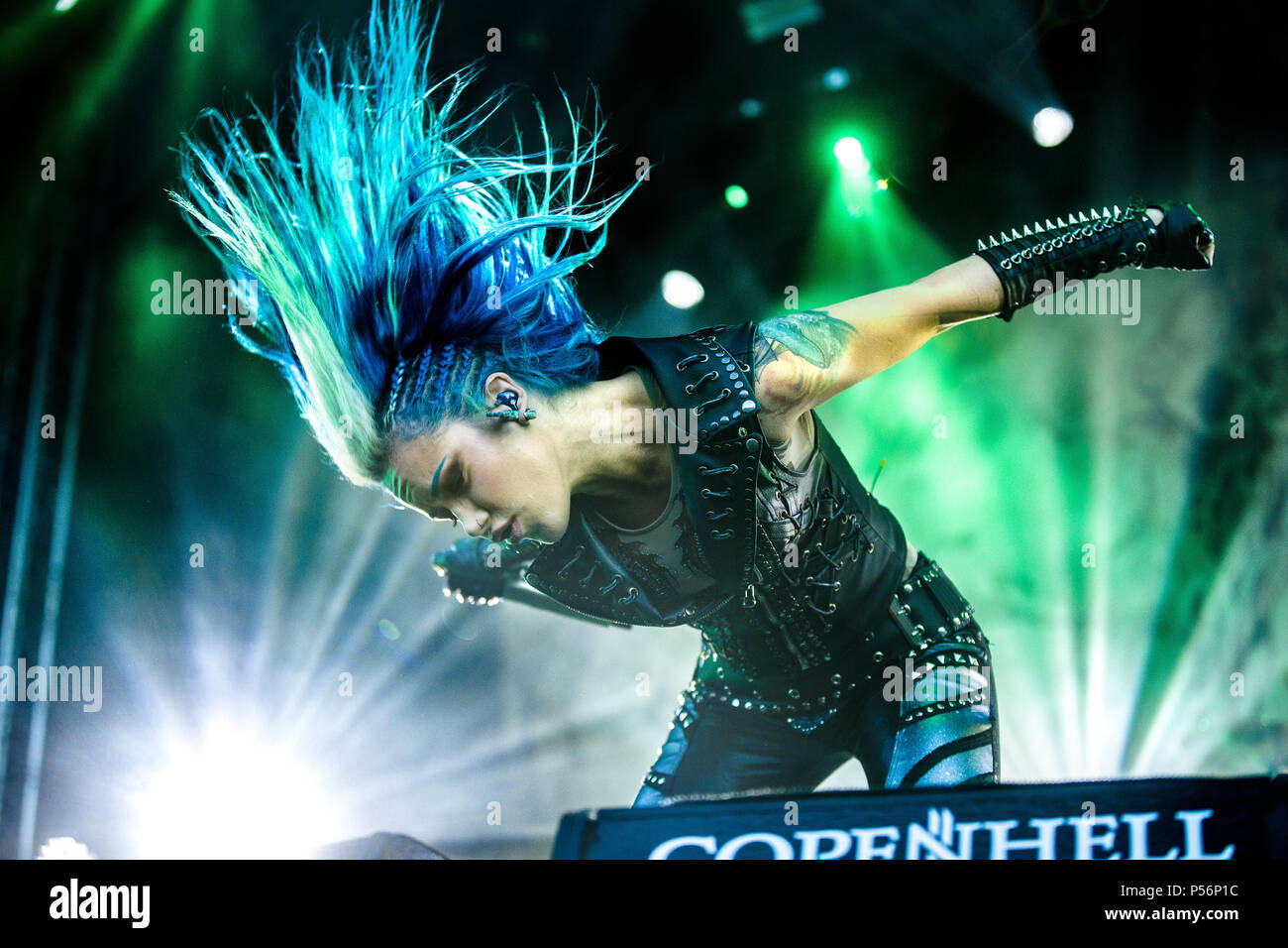 Denmark, Copenhagen - June 21, 2018. The Swedish melodic death metal band Arch Enemy performs a ...