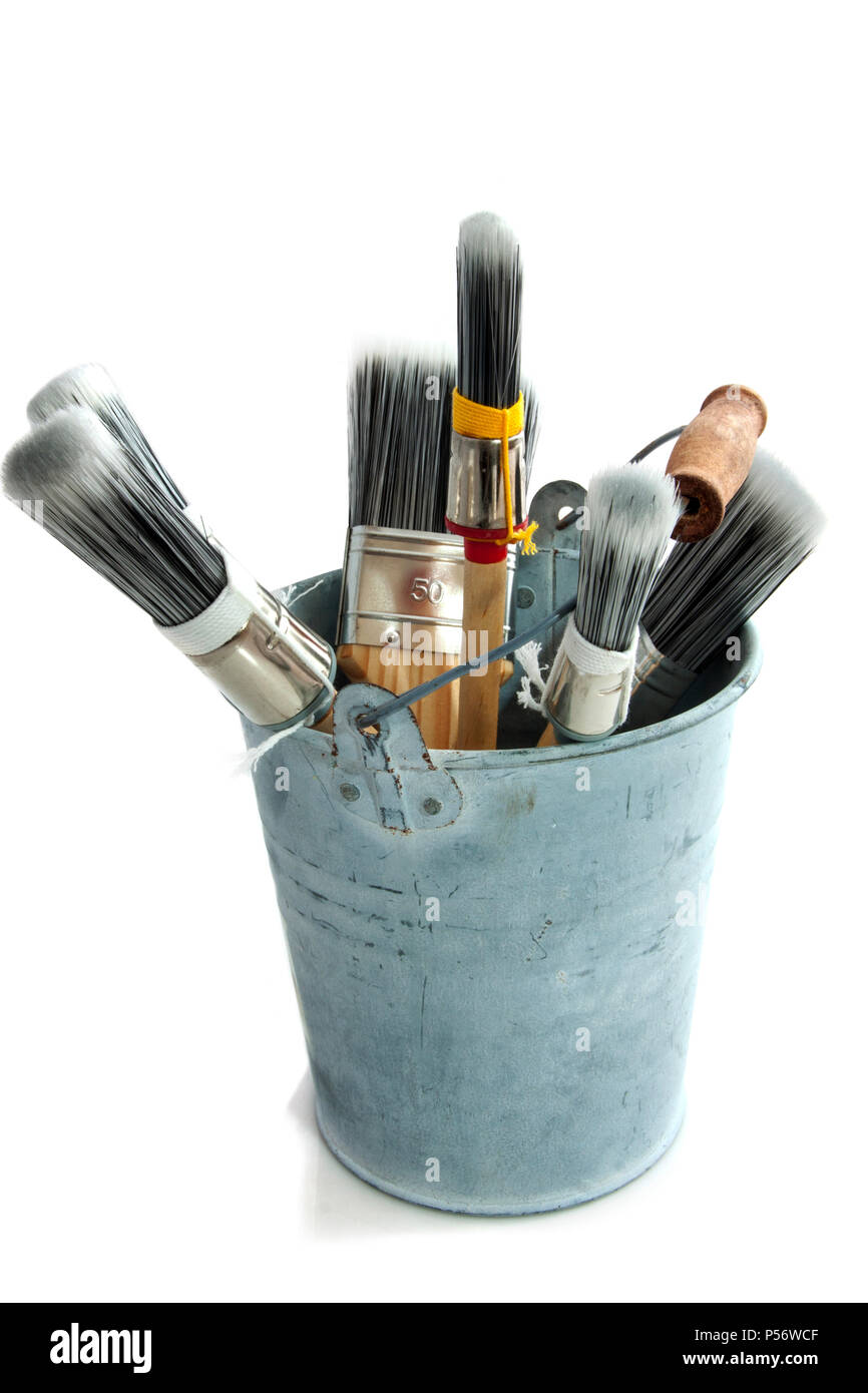 Paint Brushes And Bucket Paint Bucket With Black Paint And Paintbrush
