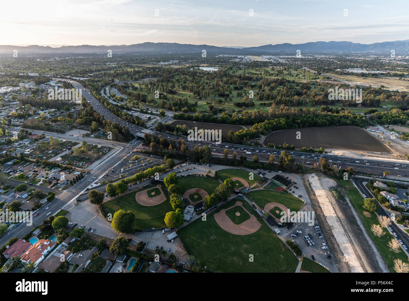 Afternoon aerial view of the Ventura 101 freeway and Sepulveda basin ...