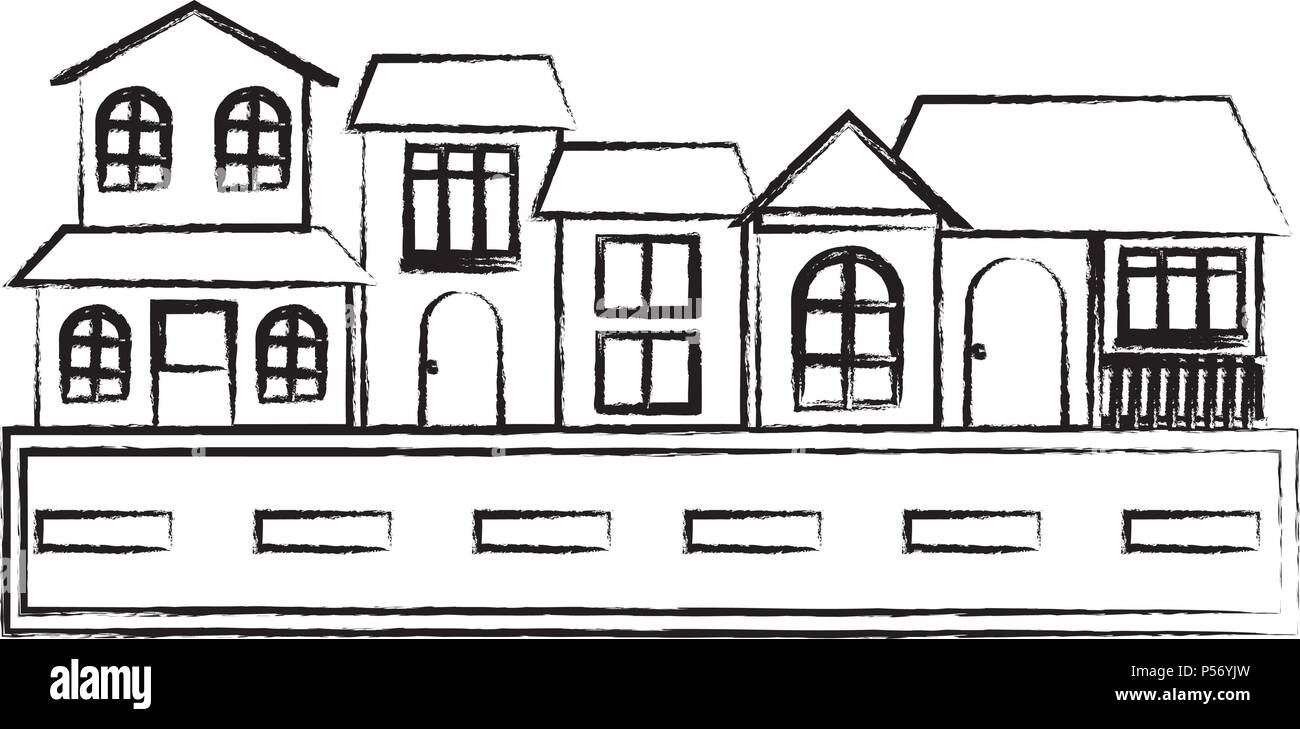 Street with Different houses along over white background, vector ...