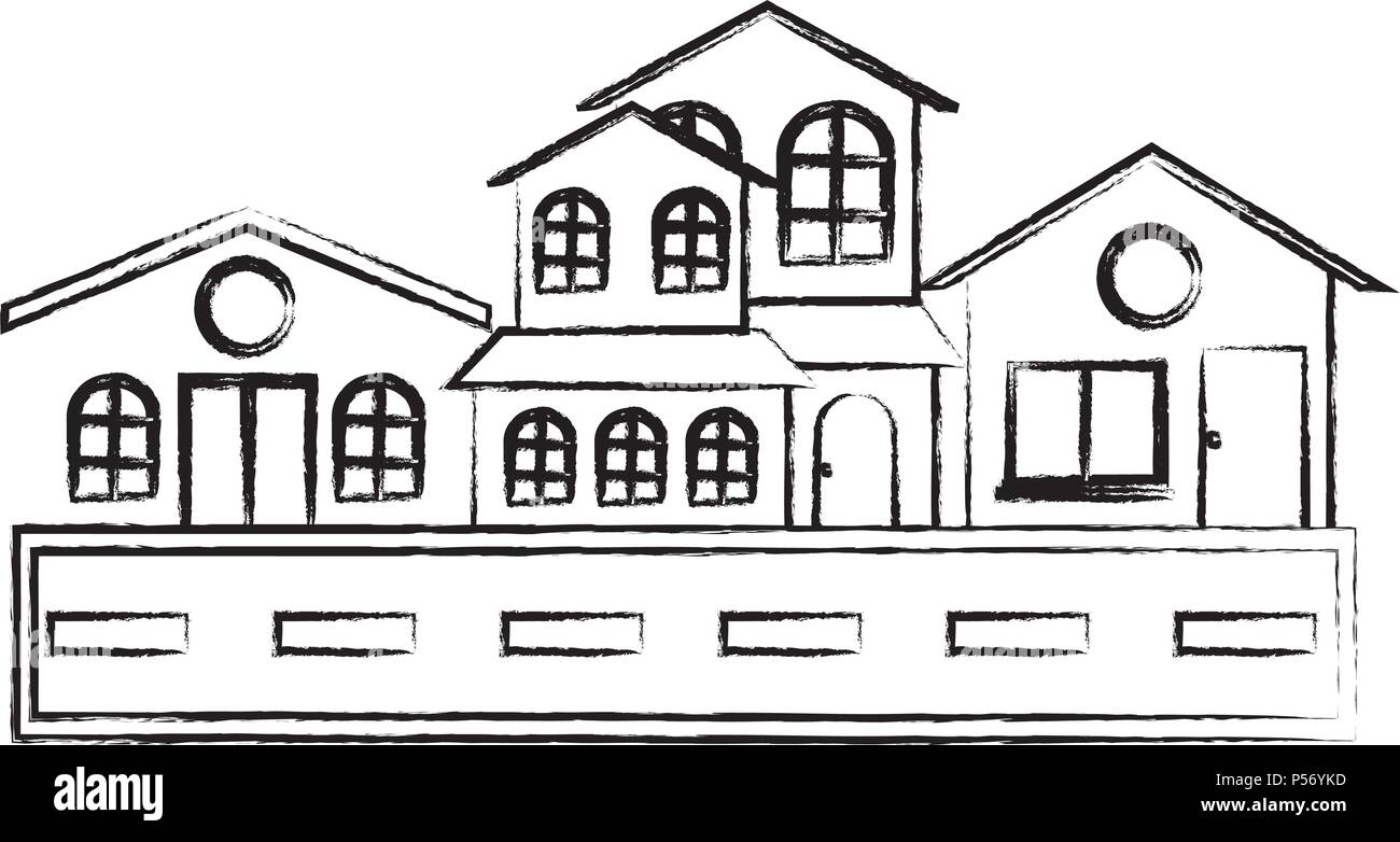 Street with Different houses along over white background, vector ...