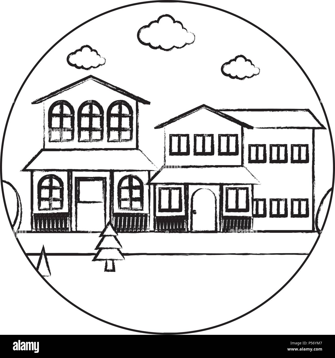 sketch of Frame in circle shape with traditional houses in a landscape ...