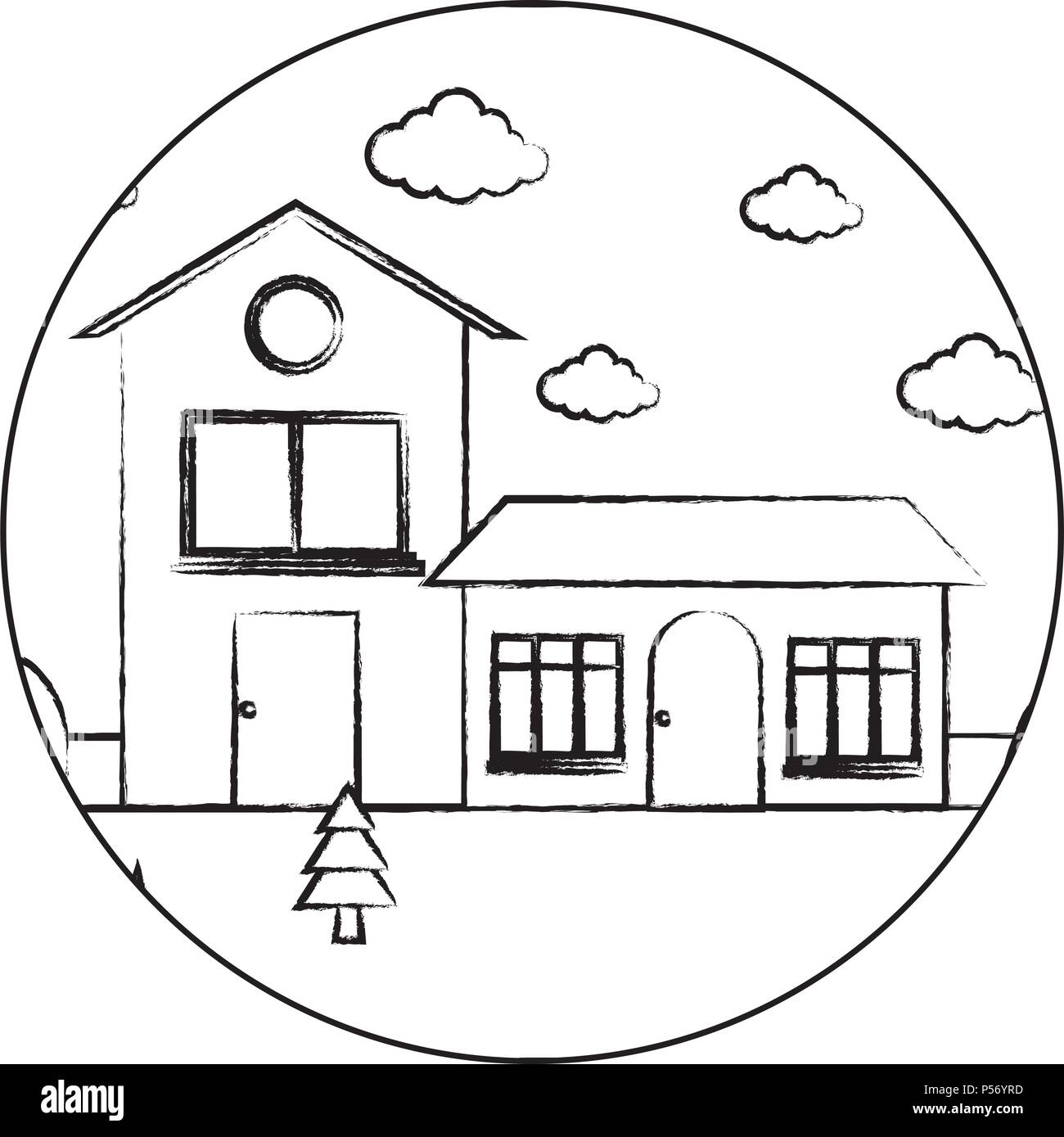 sketch of Frame in circle shape with traditional houses in a landscape ...