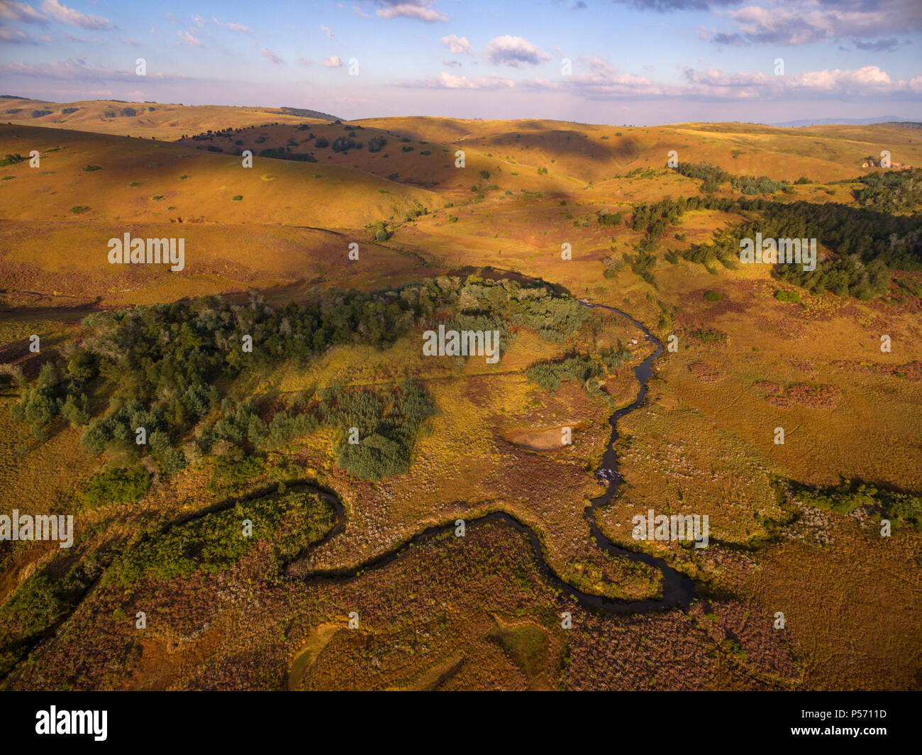 An aerial view of a meandering river in Zimbabwe's Nyanga National Park ...