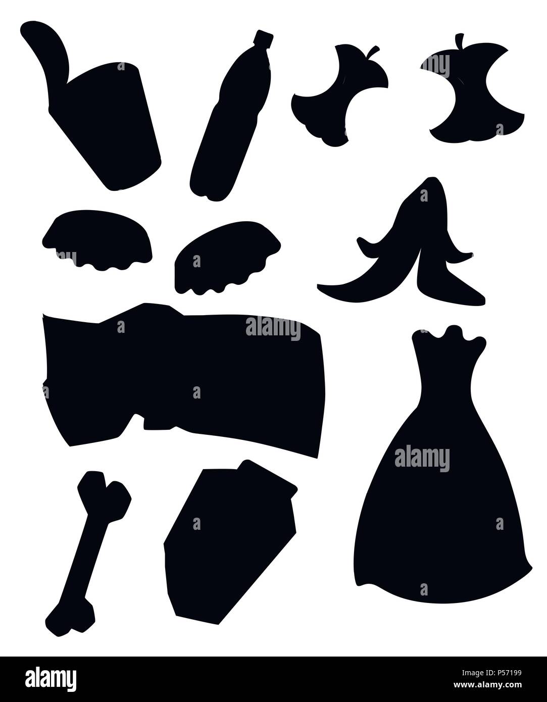 Black silhouette. Garbage collection icon. Trash set. Plastic, organic ...