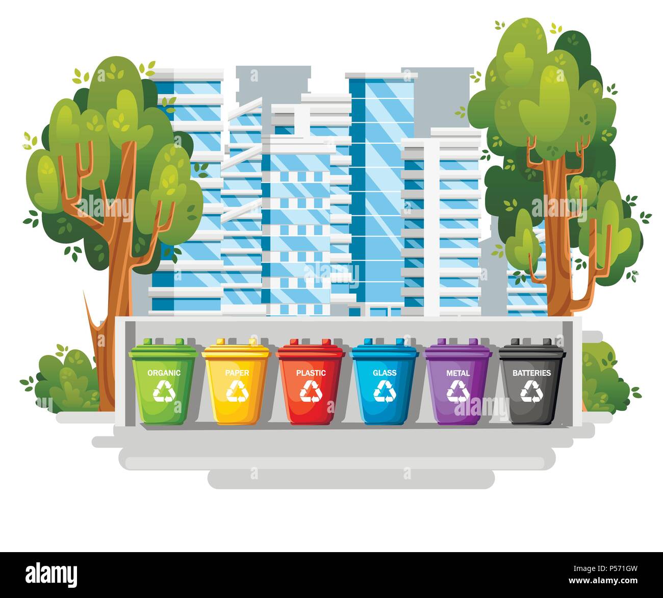 Collection of garbage cans with sorted garbage.Six containers in modern city. Ecology and ...