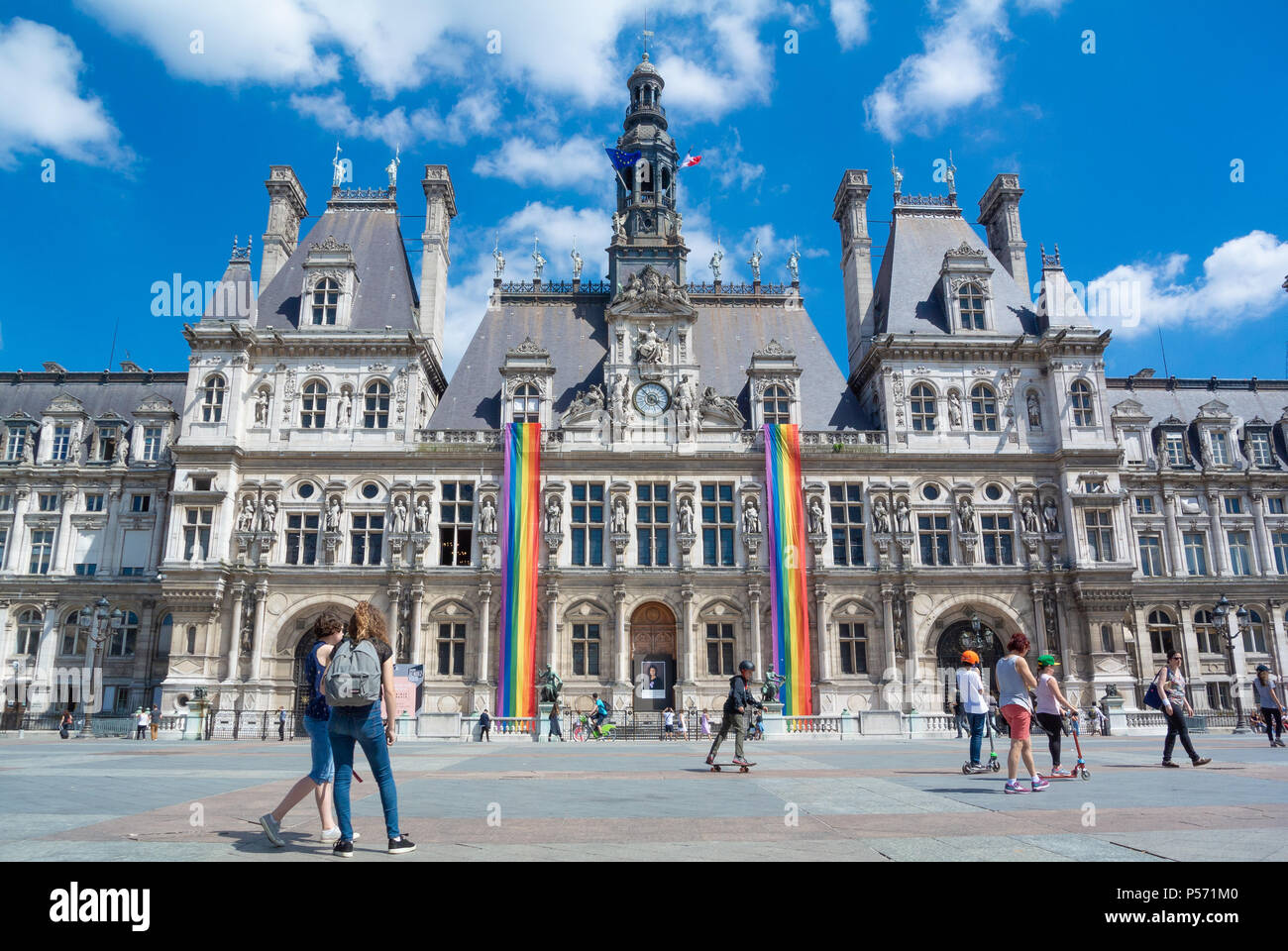 City hall, Hotel de Ville with rainbow flags for celebration of gay ...