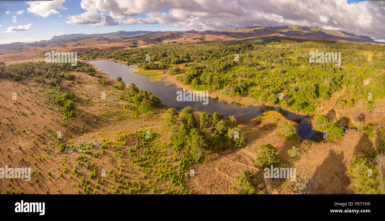 An aerial view of Gulliver dam, Nyanga National Park, Zimbabwe Stock ...
