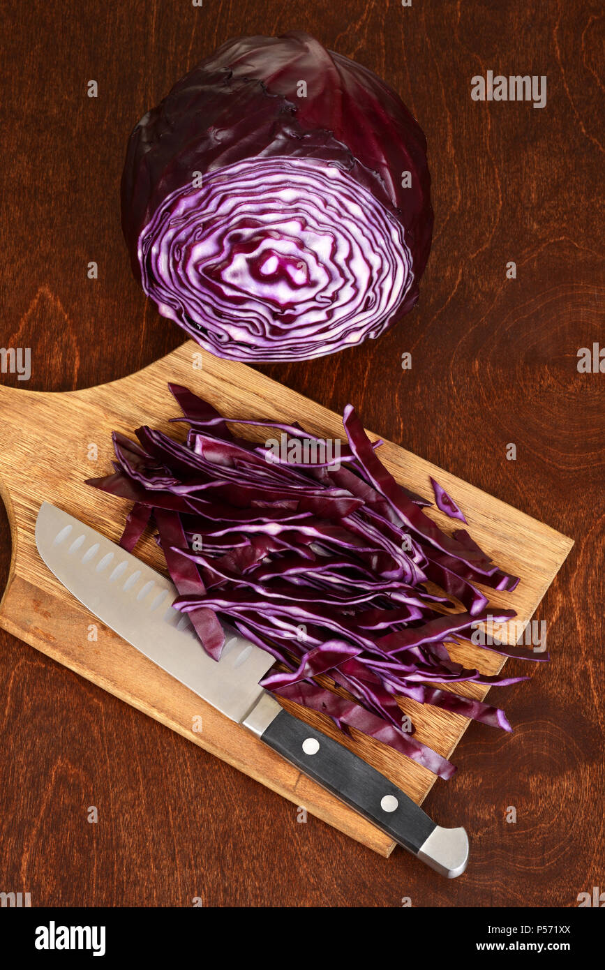 top view shredded red cabbage with knife Stock Photo - Alamy