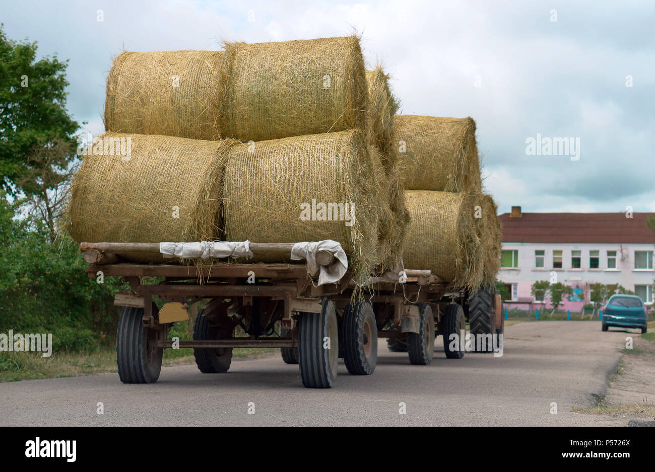 straw rolls in the trailer of the agricultural machine, the tractor ...